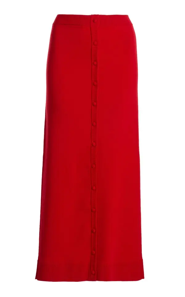 Victoria Beckham Button Front Merino Wool Blend Midi Skirt - Red