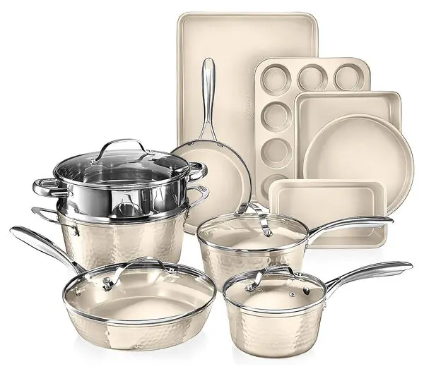 GOTHAM STEEL Hammered Cream 15 Piece Cookware A Nd Bakeware Set