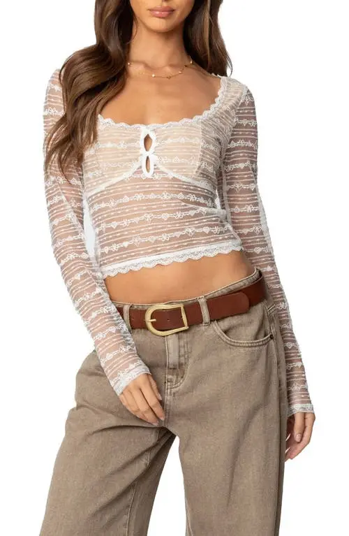 EDIKTED Heart & Bow Sheer Lace Top