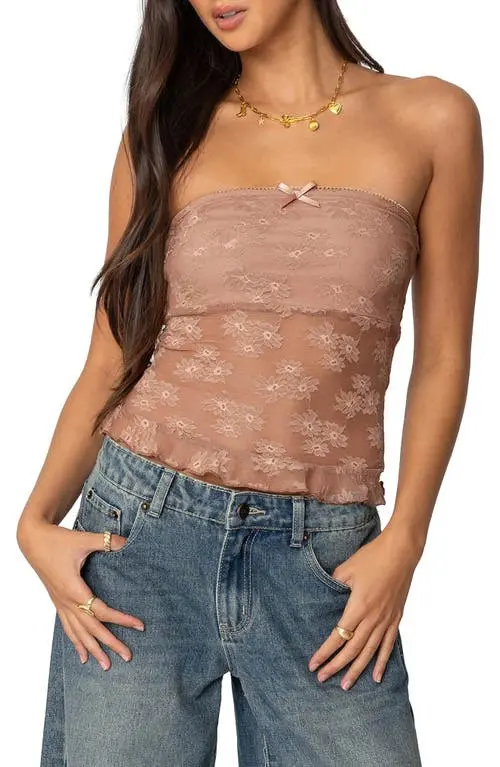 EDIKTED Ballet Floral Lace Crop Tube Top - Brown