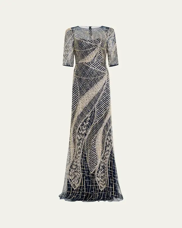 Rickie Freeman For Teri Jon Art Deco Bead & Sequin Tulle Gown