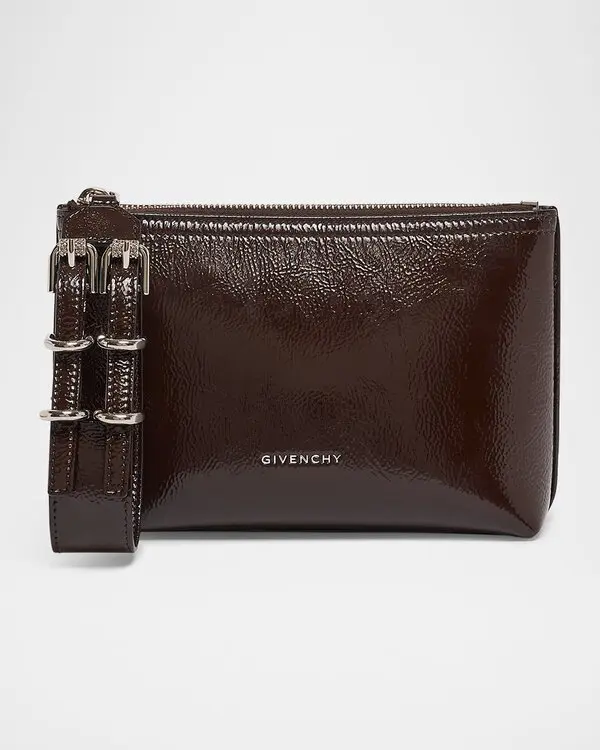 Givenchy Voyou Small Pouch Bag In Shiny Crinkled Leather - Ebony Brown