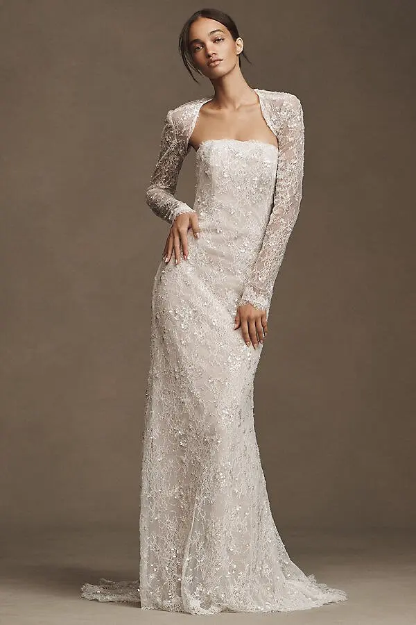 Watters Maeve Strapless Sequin Lace Sheath Gown - Ivory