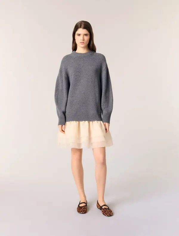 Maje Wool And Organza Dual-fabric Dress - Gray / Ecru