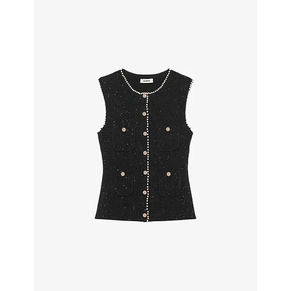 Sandro Patch-pocket Faux-pearl Trim Tweed Waistcoat - Black
