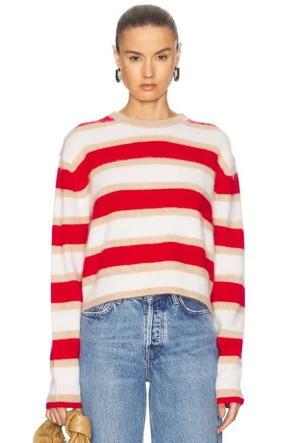 Guest In Residence Grizzly Stripe Crew Sweater - Dune  True Red & Cream