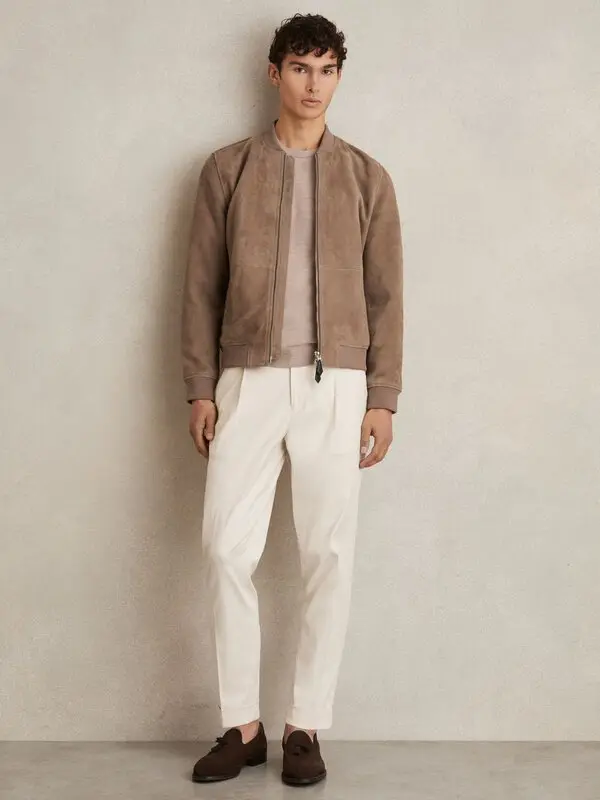 REISS Block Brick Suede Zip-through Bomber Jacket - Mink