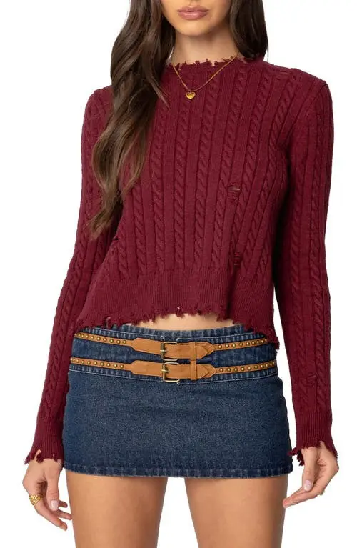 EDIKTED Split Back Cable Stitch Crewneck Sweater