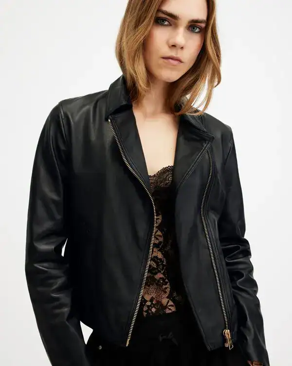 All Saints Vela Slim Fit Leather Biker Jacket Black/Gold