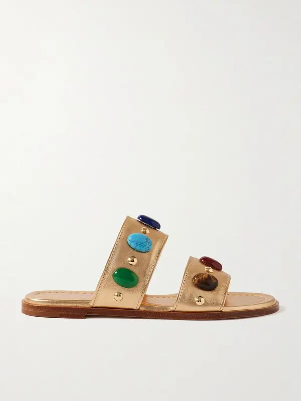 GIANVITO ROSSI Embellished Metallic Leather Slides
