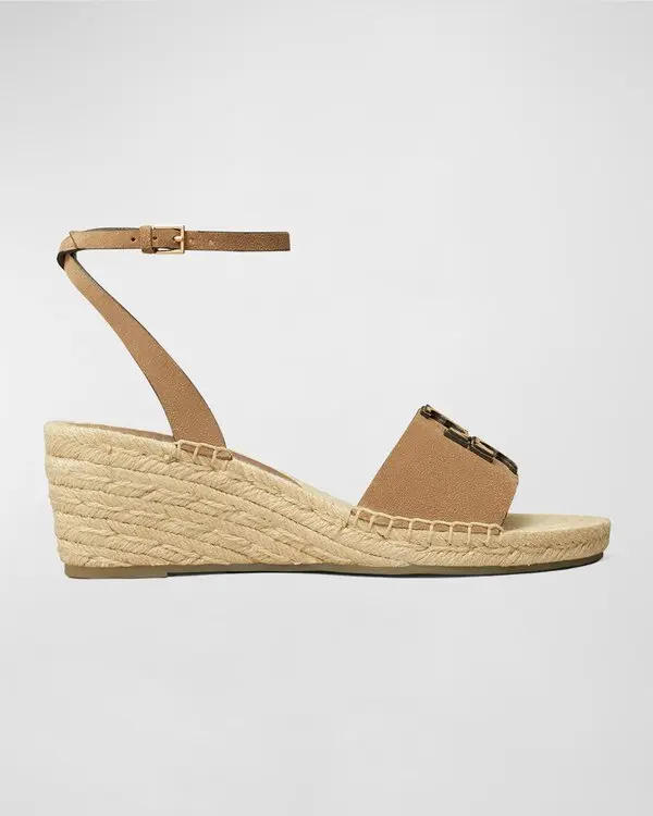 Tory Burch Ines Suede Double T Wedge Espadrille Sandals - Noisette
