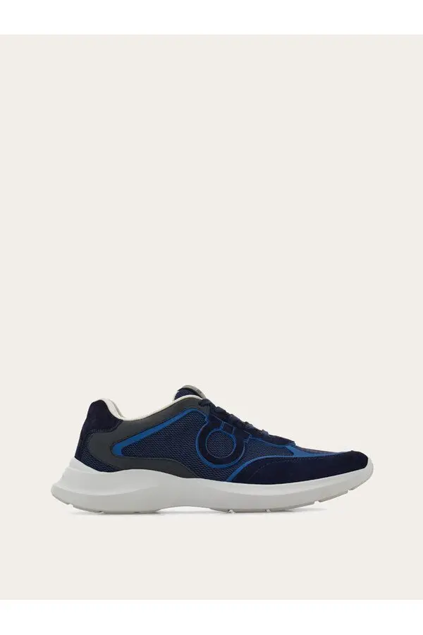 FERRAGAMO Low Top Sneaker With Gancini Ornament - Navy