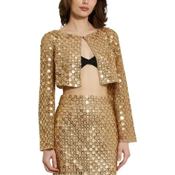 Mac Duggal Beaded Sequin Georgette Long Sleeve Cardigan