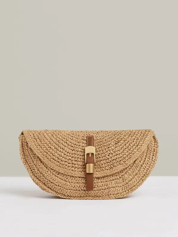 REISS Aria Raffia Half-moon Clutch