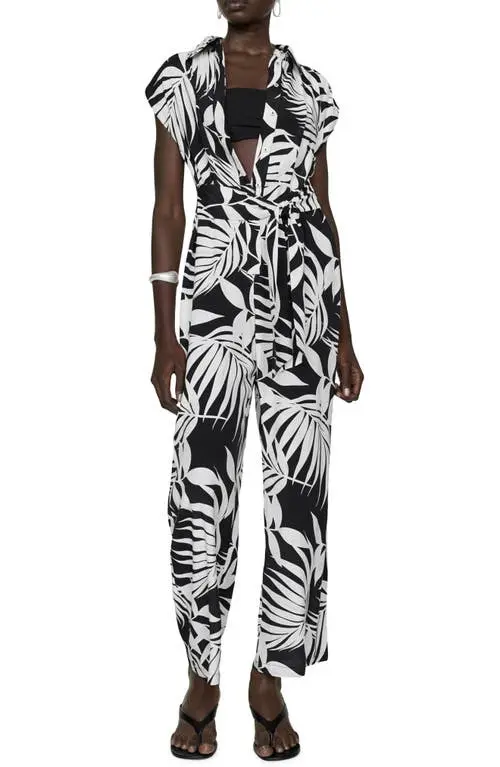 Mango Tropical Print Tie Waist Jumpsuit