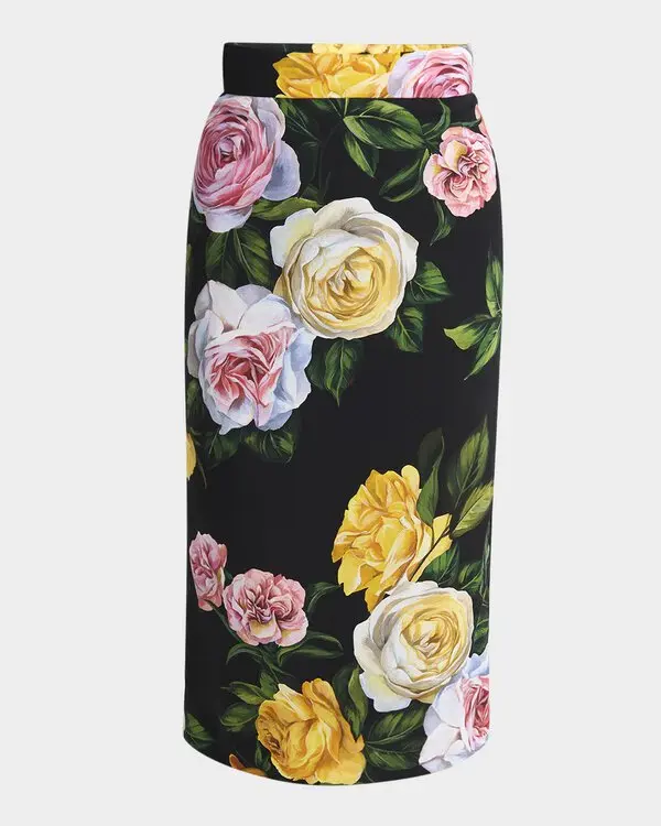 Dolce & Gabbana Floral Charmeuse Midi Skirt - Black
