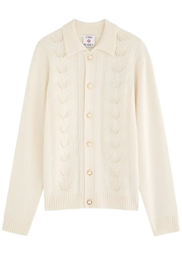 Casablanca Laurel Embellished Wool Cardigan - White