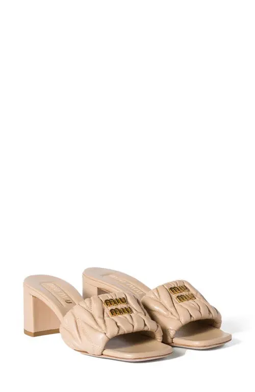 Miu Miu Matelassé Leather Block Heel Slide Sandals - Sabbia