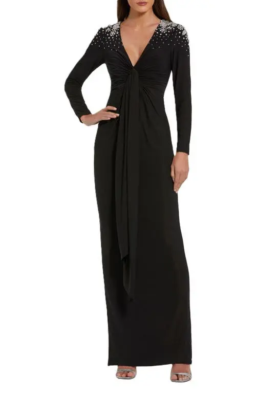Mac Duggal Jersey V-neck Gown With Beaded Shoulders