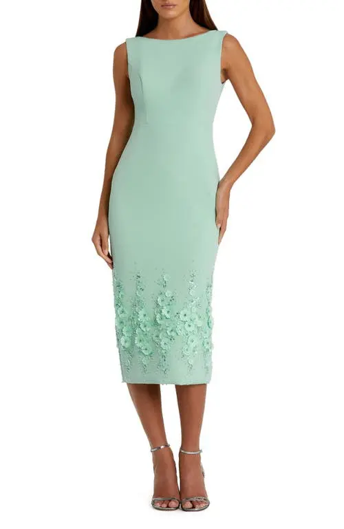 Mac Duggal Crepe Floral Beaded Midi Dress - Sage