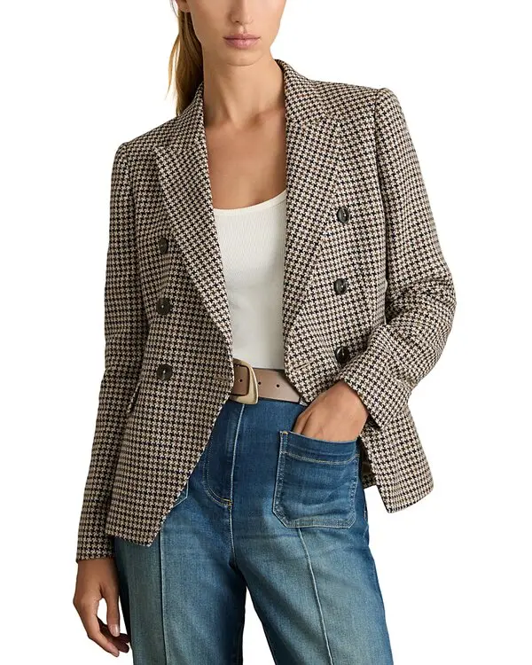 REISS Evie Double Breasted Textured Checked Blazer - Navy Neutral