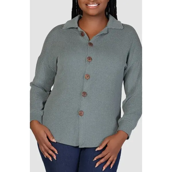 24SEVEN COMFORT APPAREL Textured Stripe Knit Button-up Shirt - Green
