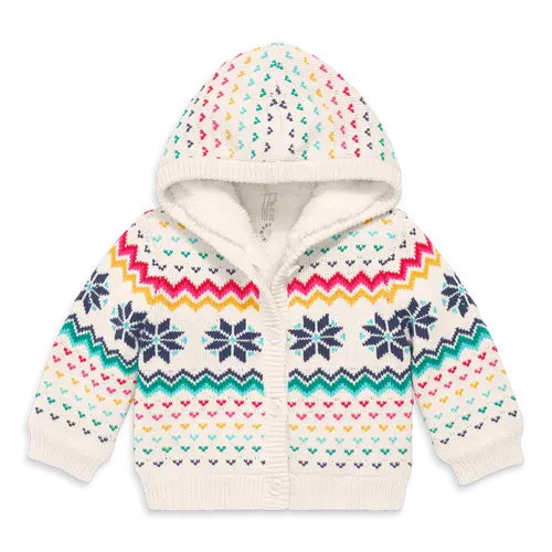 PRIMARY Baby Fleece-lined Fair Isle Cardigan - Oat Rainbow Snowflake Fairisle