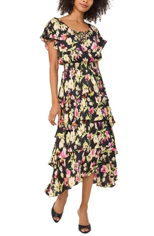 Vince Camuto Floral Tiered Flutter Sleeve Midi Dress