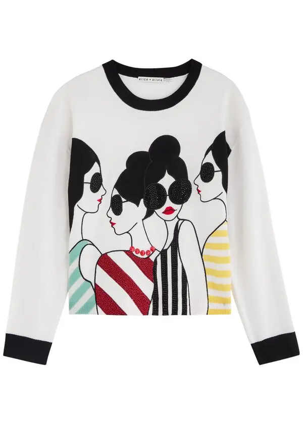 Alice + Olivia Gleeson Embellished Wool Jumper - White