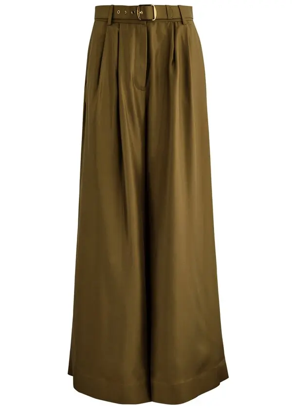Zimmermann Crush Belted Flared-leg Trousers - Olive