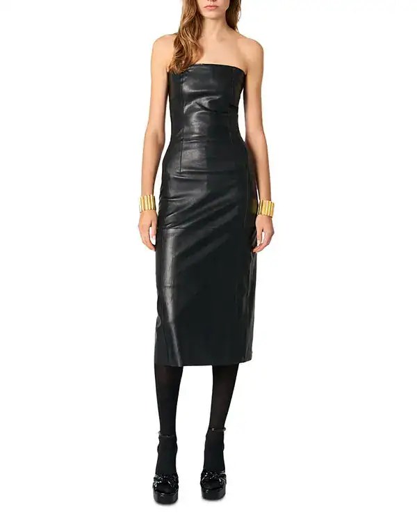 Maje Strapless Stretch Leather Midi Dress In Black - 50% Off | Editorialist