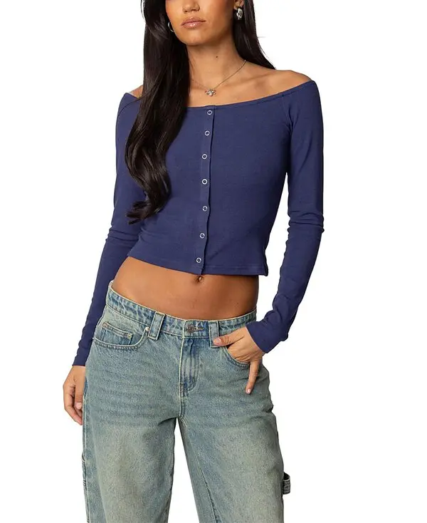 EDIKTED Off Shoulder Button Up Top