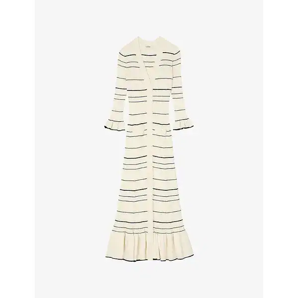 Sandro Striped V-Neck Knitted Midi Dress - Naturels | Editorialist