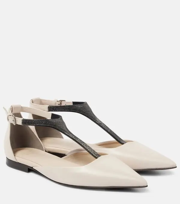 Brunello Cucinelli Monili Leather T-bar Flats