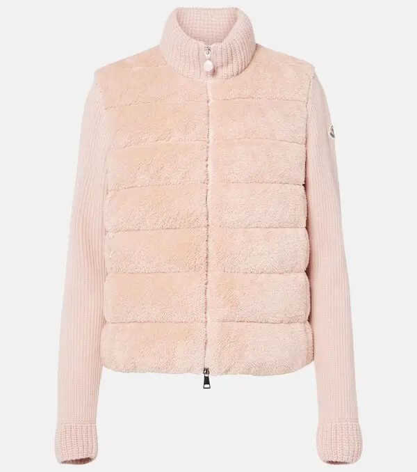 Moncler Down-paneled Faux Fur And Wool Cardigan - Grey