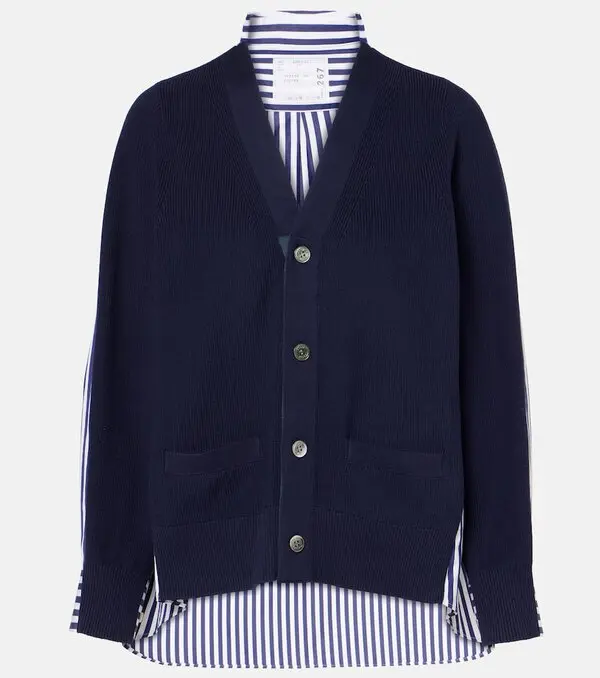 Sacai Striped Poplin-trimmed Cotton Cardigan - Multicoloured