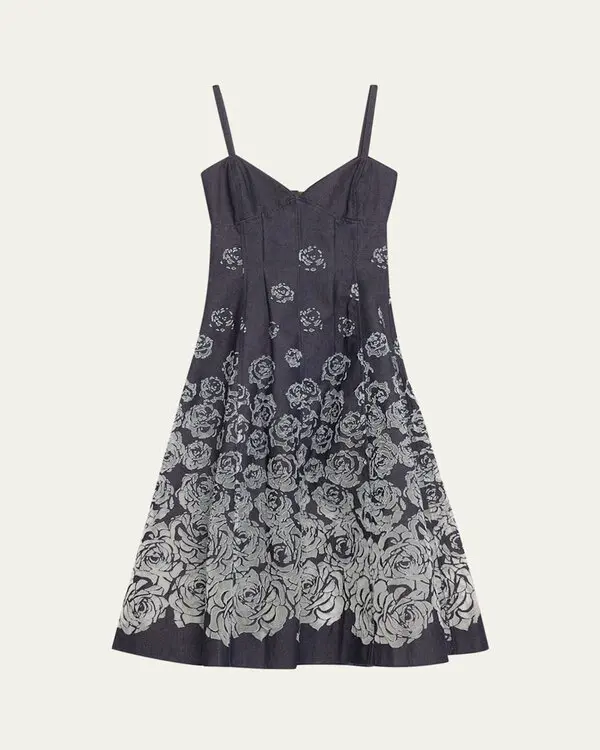 Oscar De La Renta V-neck Rose Denim Devore Midi Dress