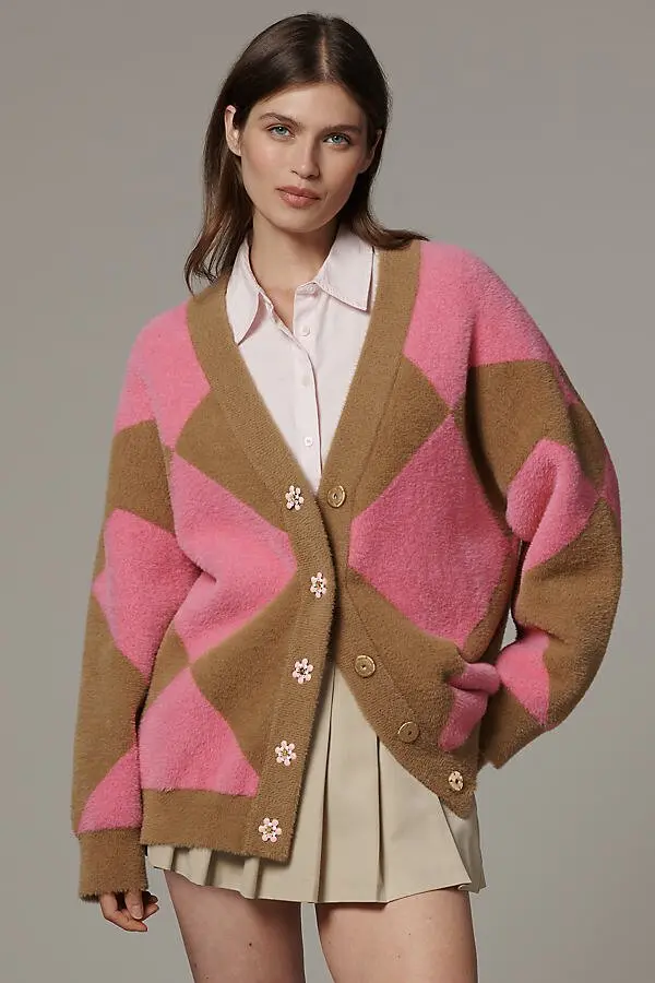 Essentiel Antwerp How Harlequ Knit Cardigan Sweater - Pink Pattern