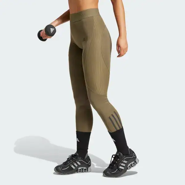 Adidas Hyperglam Full-Length Ribbed Leggings In Olive Strata 55