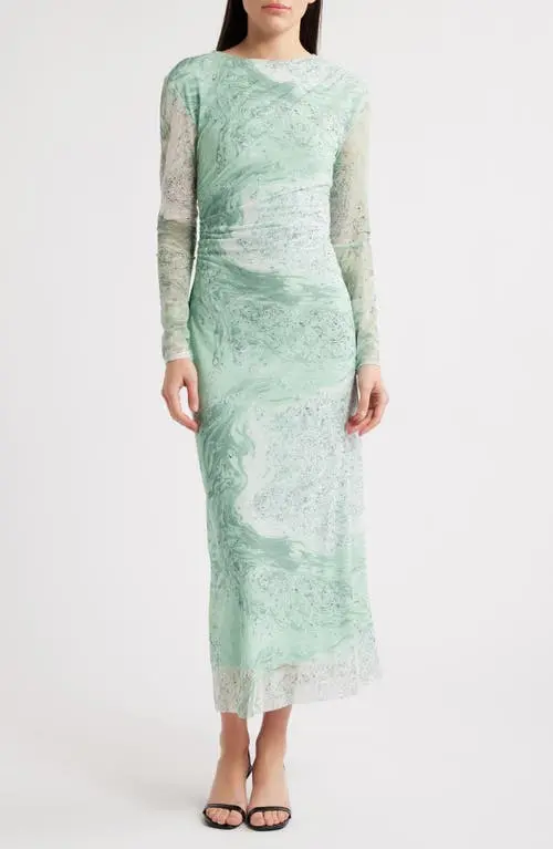 & Other Stories Abstract Print Mesh Dress - Green Medium Dusty