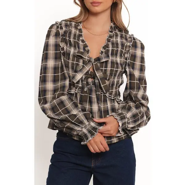 PETAL & PUP Grayson Tie-front Plaid Top