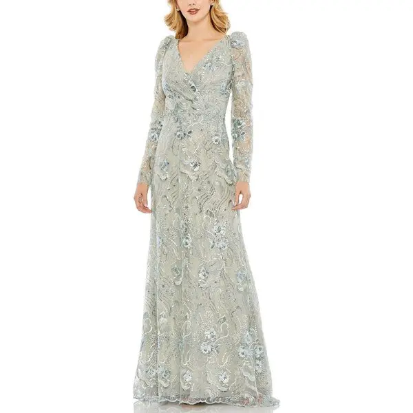 Mac Duggal Embroidered Wrap-over Trumpet Gown With Puff Sleeves