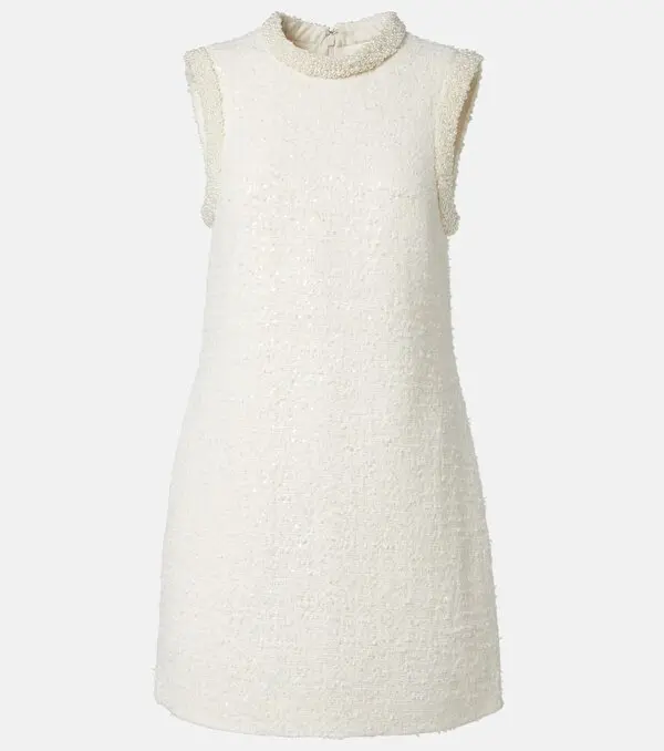 SELF-PORTRAIT Faux Pearl-trimmed Bouclé Minidress - White