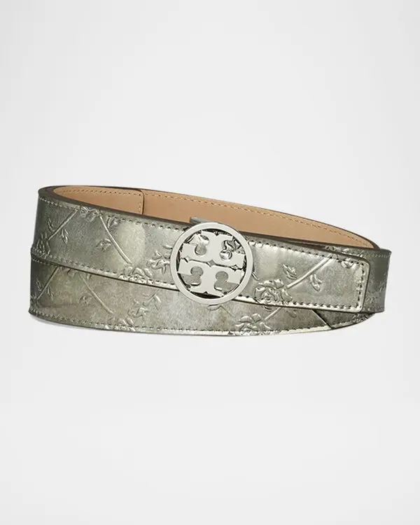 Tory Burch Miller Floral Embossed Belt Pewter Editorialist
