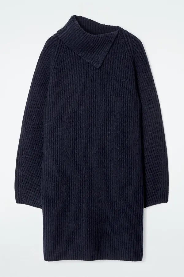 Cos Wrap-collar Rib-knitted Wool Dress - Navy