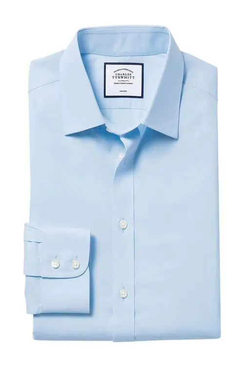 CHARLES TYRWHITT Non-iron Poplin Slim Fit Shirt Single Cuff - Sky Blue