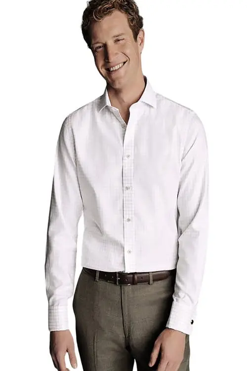CHARLES TYRWHITT Non-iron Clifton Weave Check Cutaway Slim Fit Shirt Double Cuff - Silver Grey