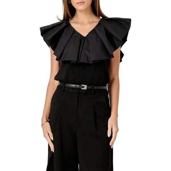 English Factory Mixed Media Ruffle Top