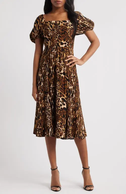 WAYF Leonie Printed Puff Sleeve Midi Dress