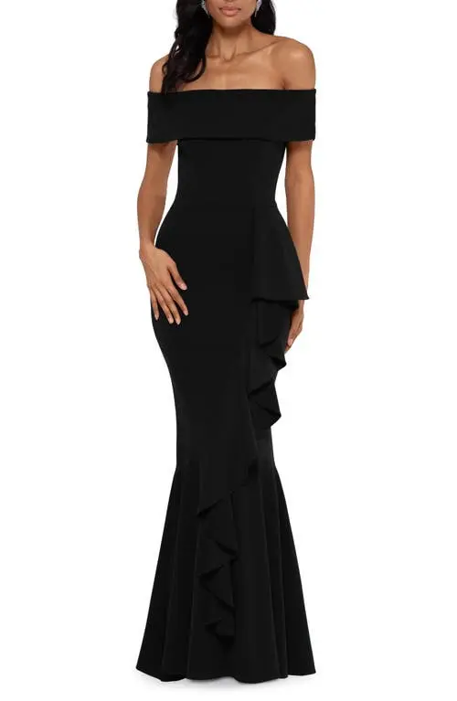 Betsy & Adam Ruffle Off-the-shoulder Mermaid Gown